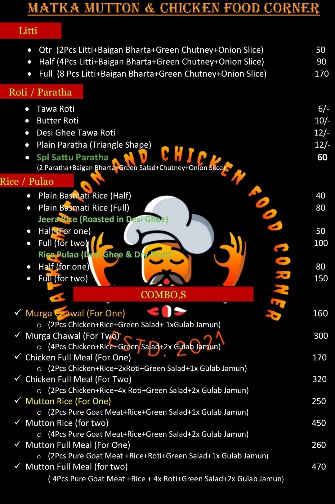Menu at Matka Mutton and Chicken Food Corner, New Delhi