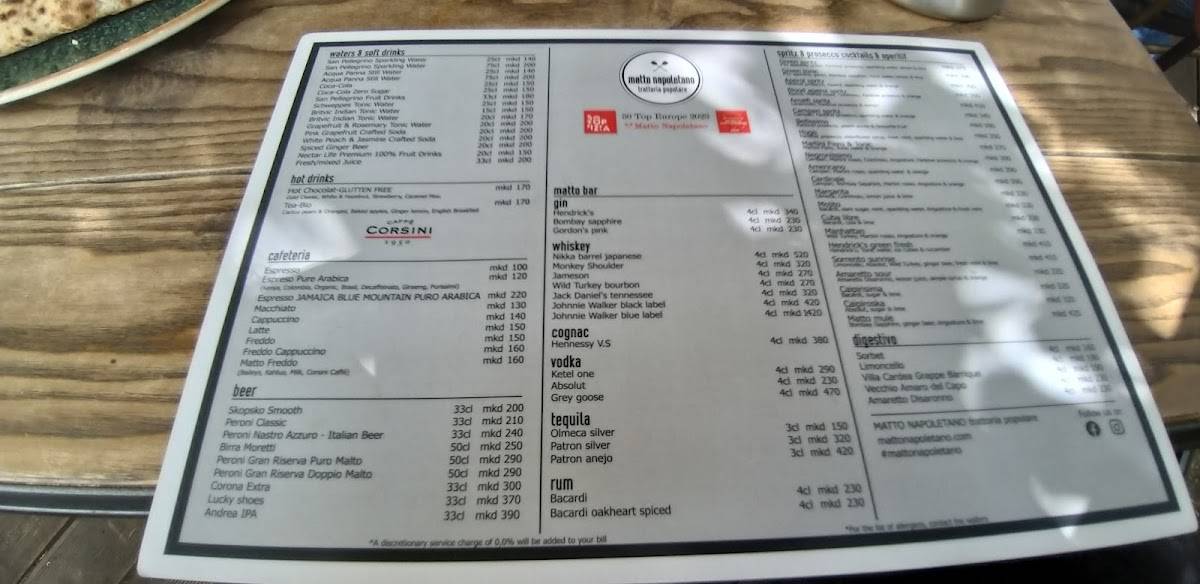 Menu at Matto Napoletano restaurant, Skopje