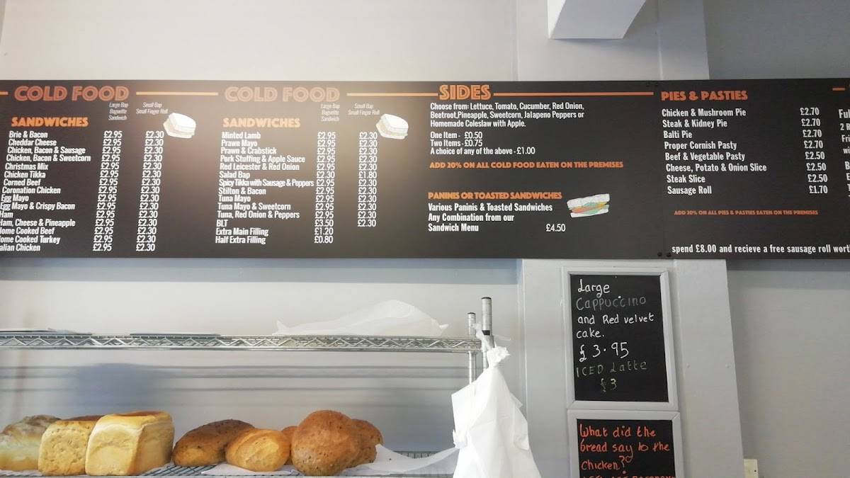Menu at Matt's Bakery, Eastleigh