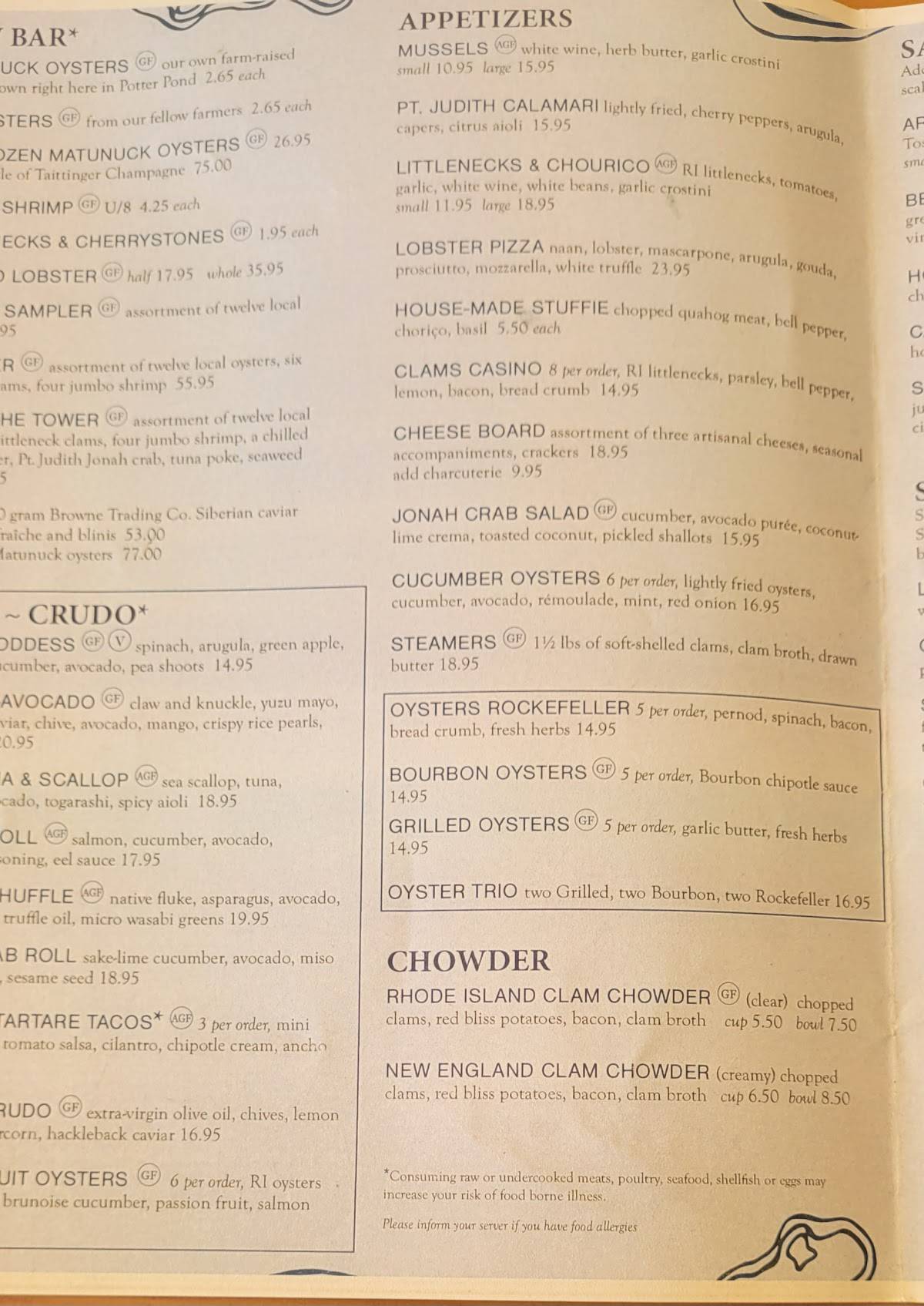 Menu at Matunuck Oyster Bar, South Kingstown, 629 Succotash Rd