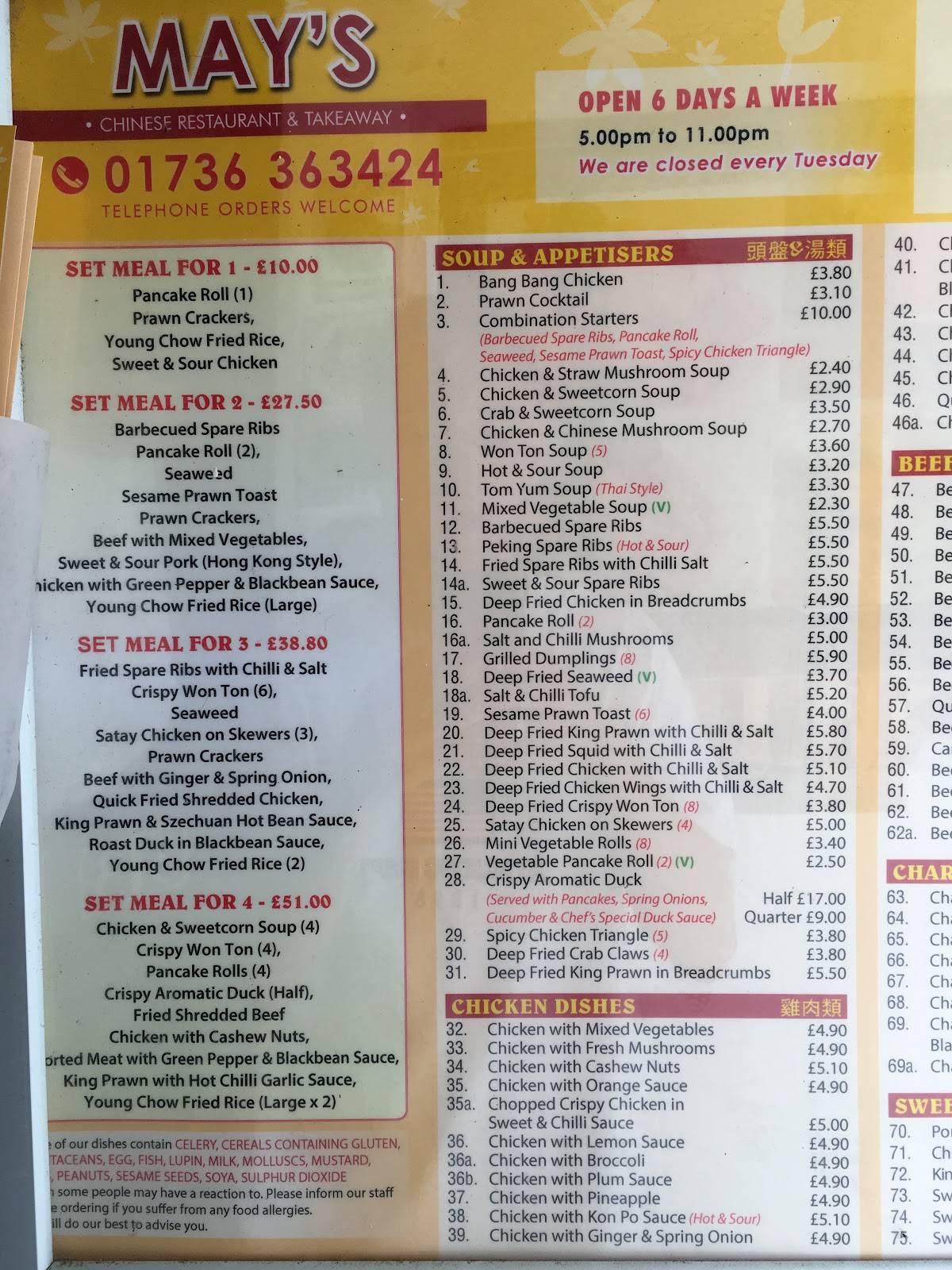 Menu at May's Chinese restaurant, Penzance