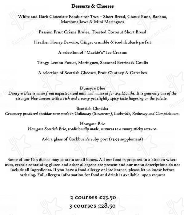 Menu at The Brasserie at Melville Castle restaurant, Edinburgh