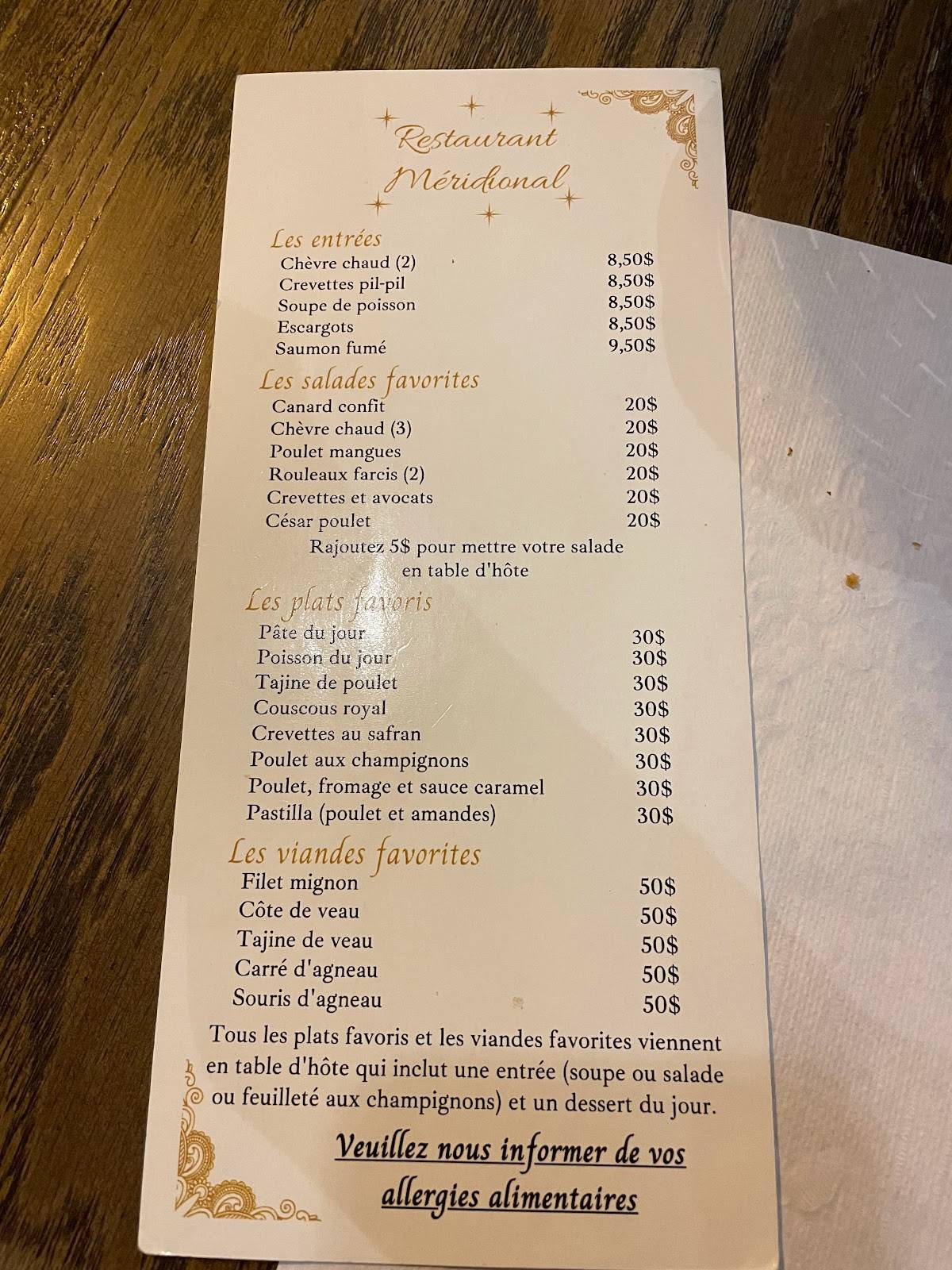 Menu au Restaurant Méridional, Brossard