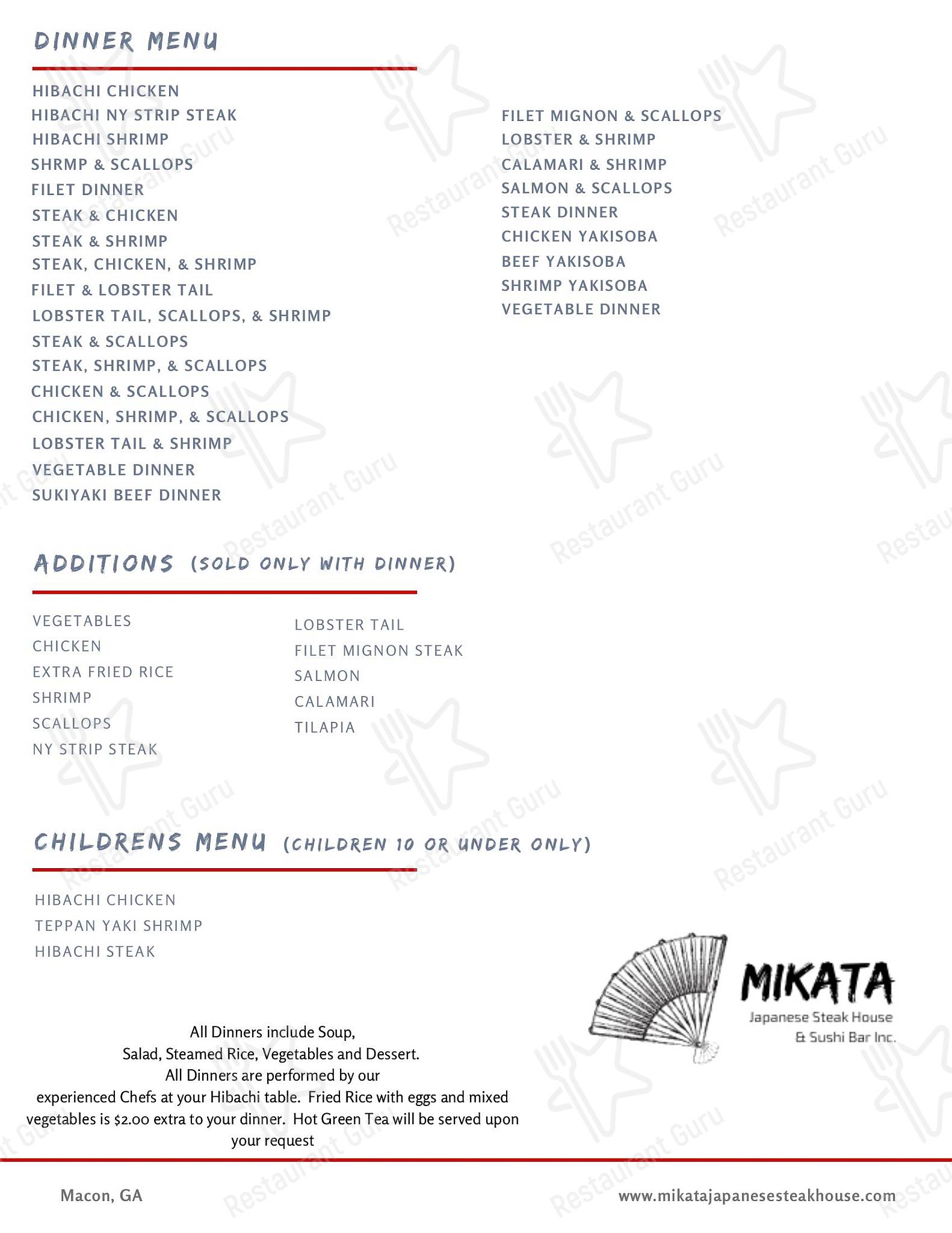 Menu at Mikata Japanese Steakhouse & Sushi Bar, Macon