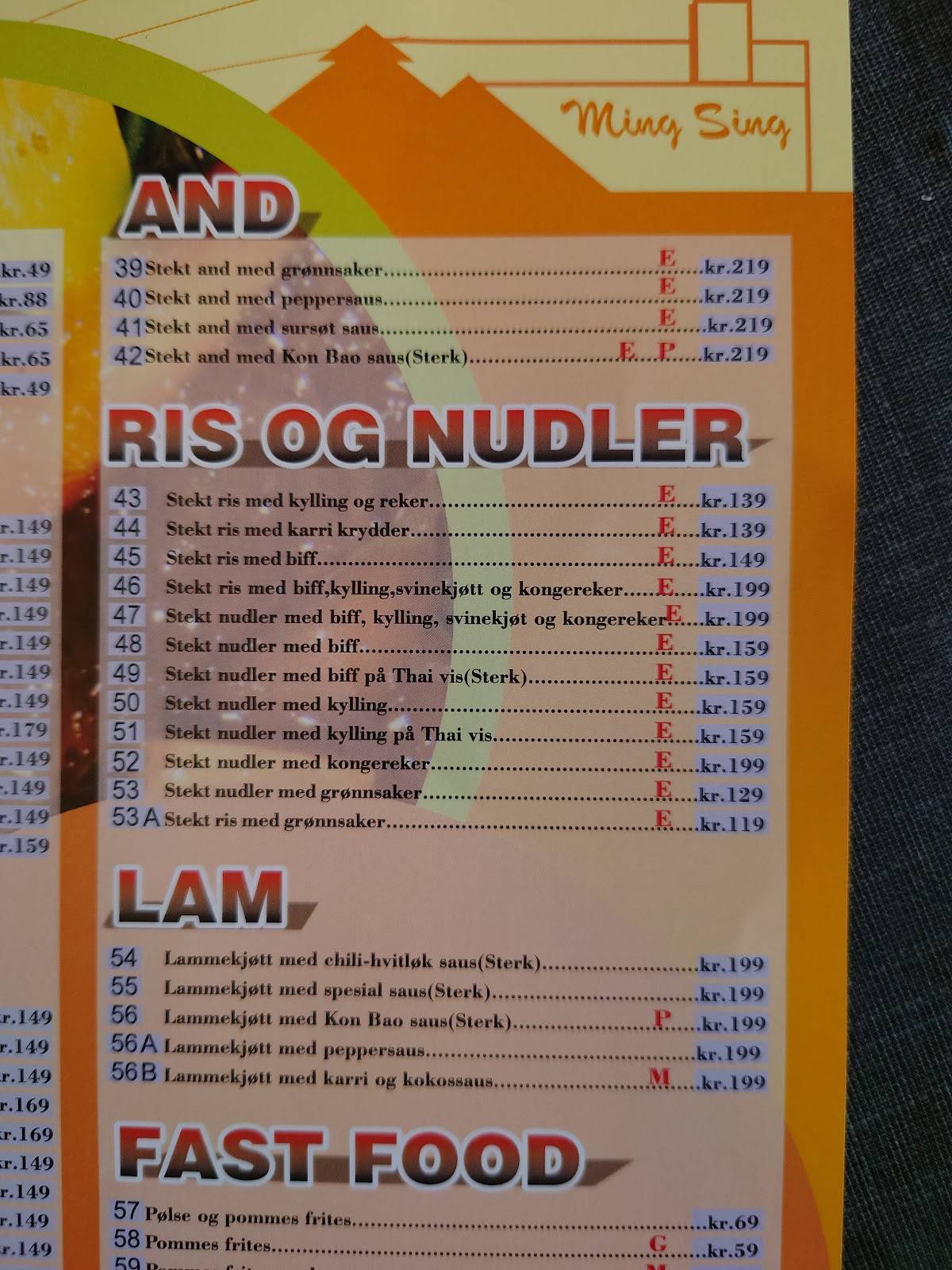 Menu at Ming Sing restaurant, Ålgård
