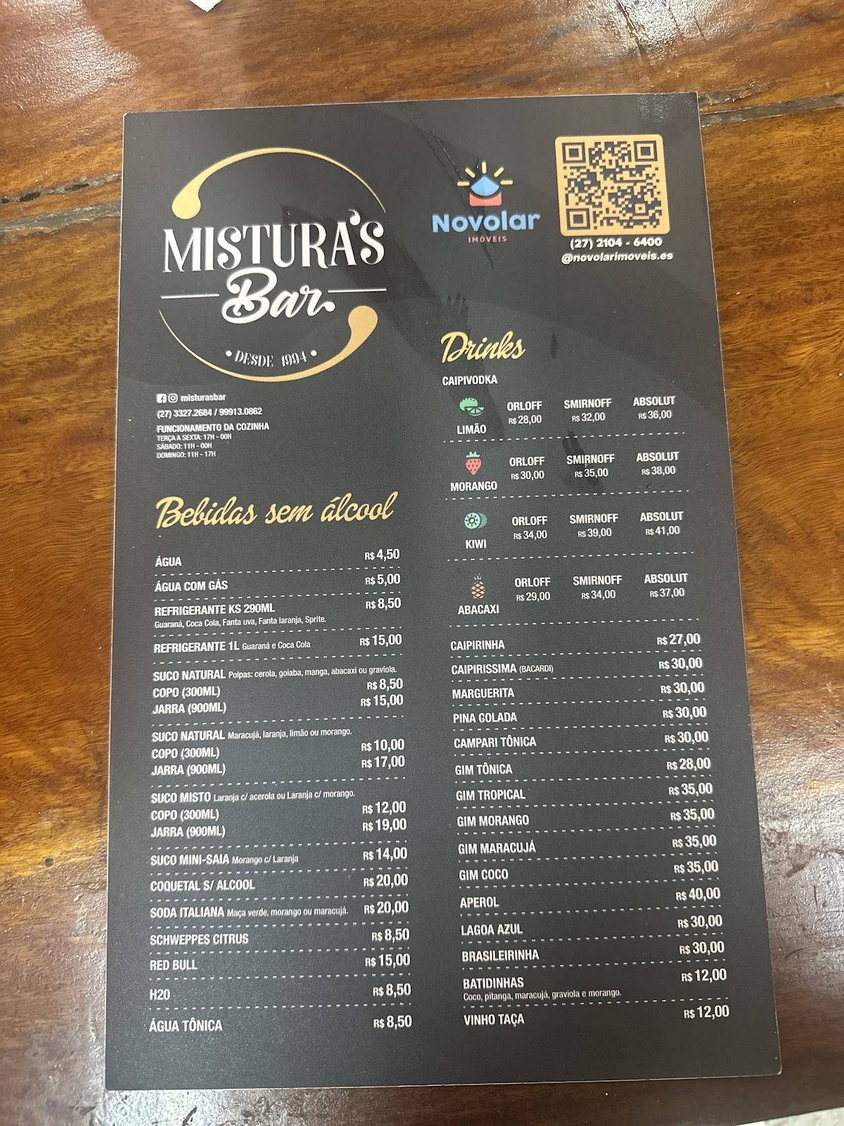 Menu em Mistura's Bar, Vitoria