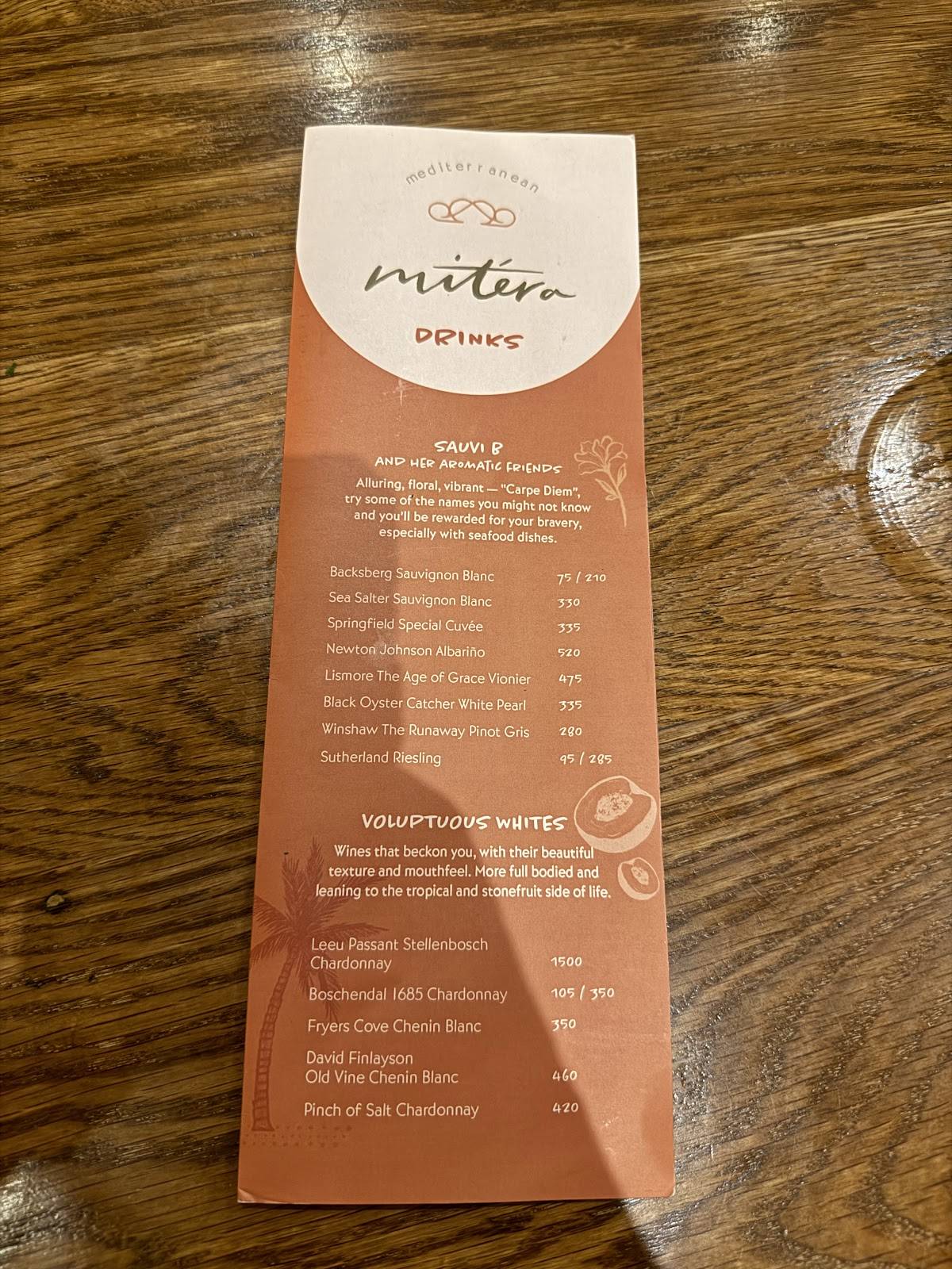 Menu at Mitera uMhlanga restaurant, Umhlanga
