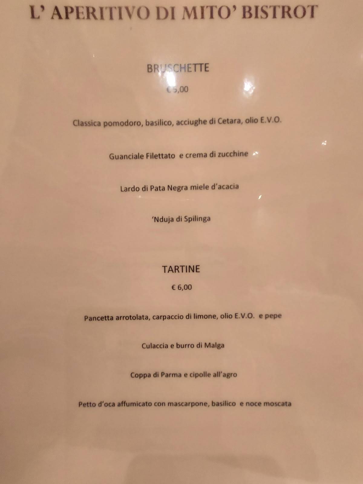Menu at Mito' Bistrot restaurant, Sanremo