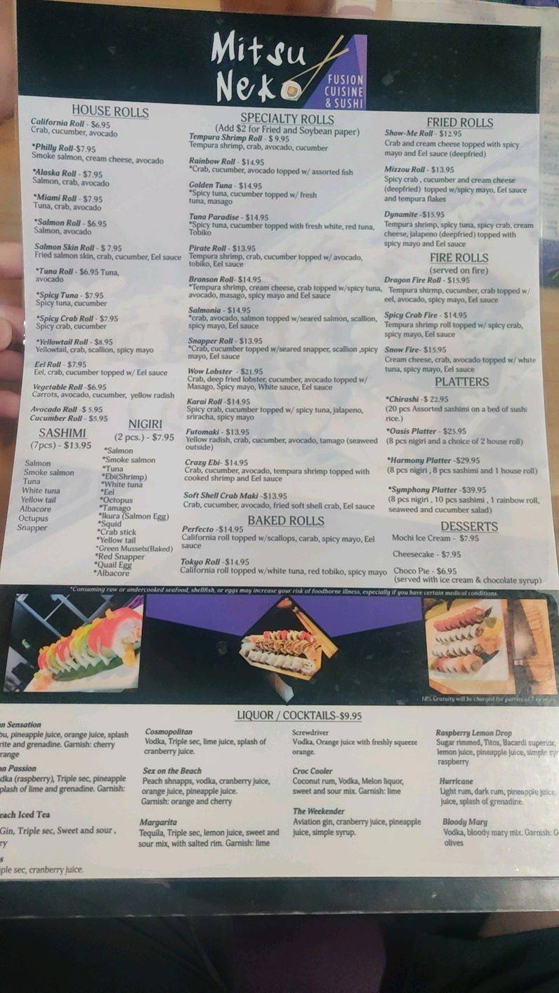 Menu at Mitsu Neko Fusion Cuisine & Sushi restaurant, Branson