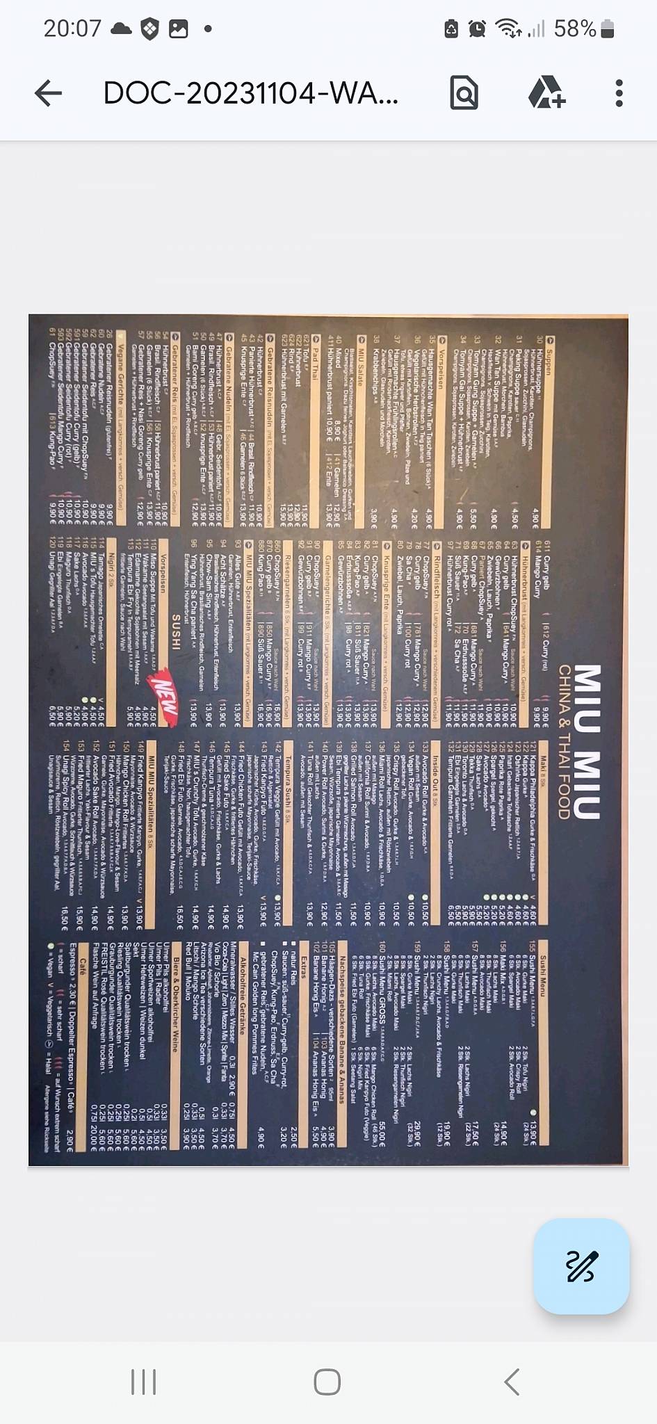 Menu at Miu Miu China & Thai Food restaurant, Achern