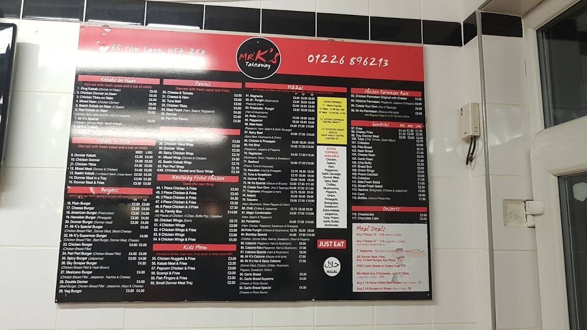 Menu at Mr K's Takeaway restaurant, Ryhill