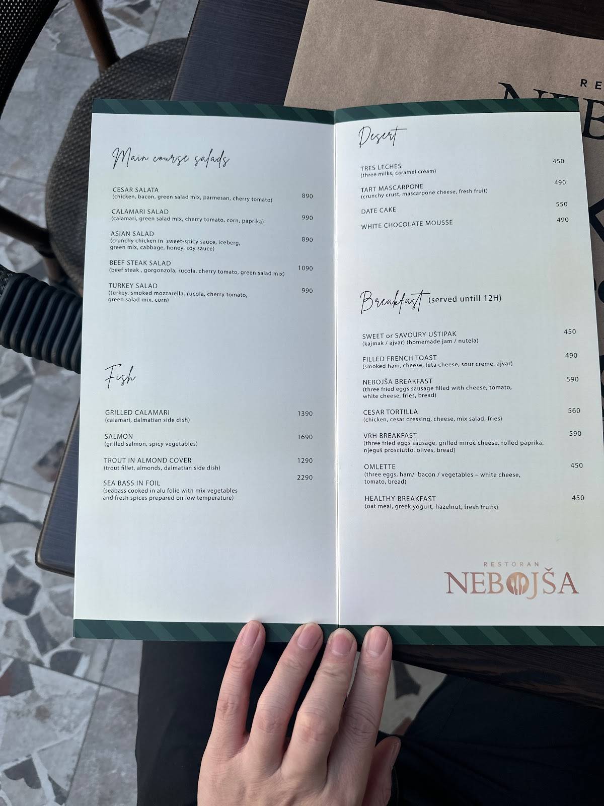 Menu at NEBOJŠA Restaurant (park entrance), Belgrade