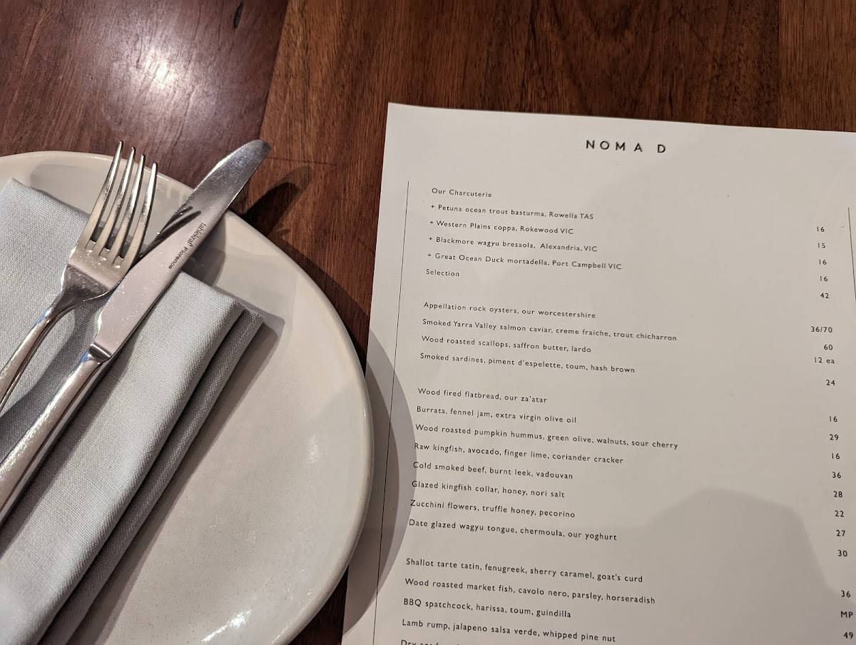 Menu at NOMAD Melbourne restaurant, Melbourne