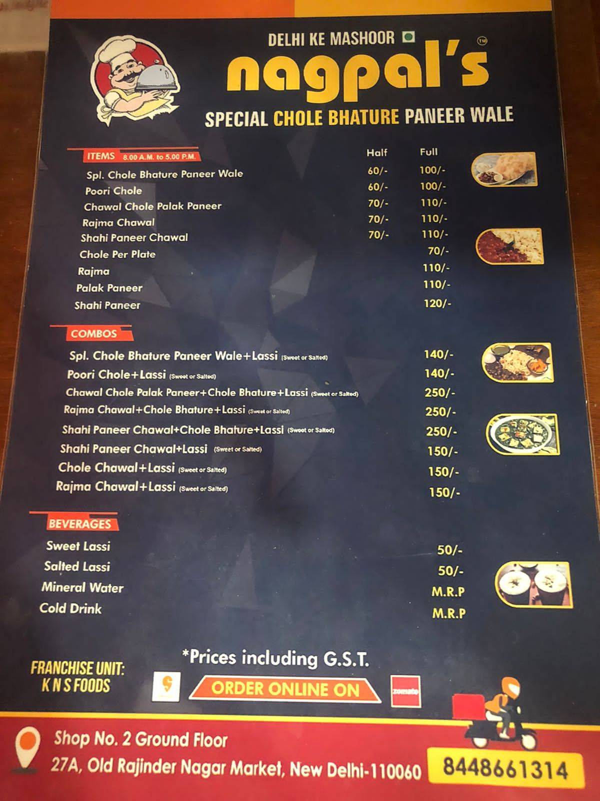 Menu at Nagpal Chole Bhature, New Delhi, 63