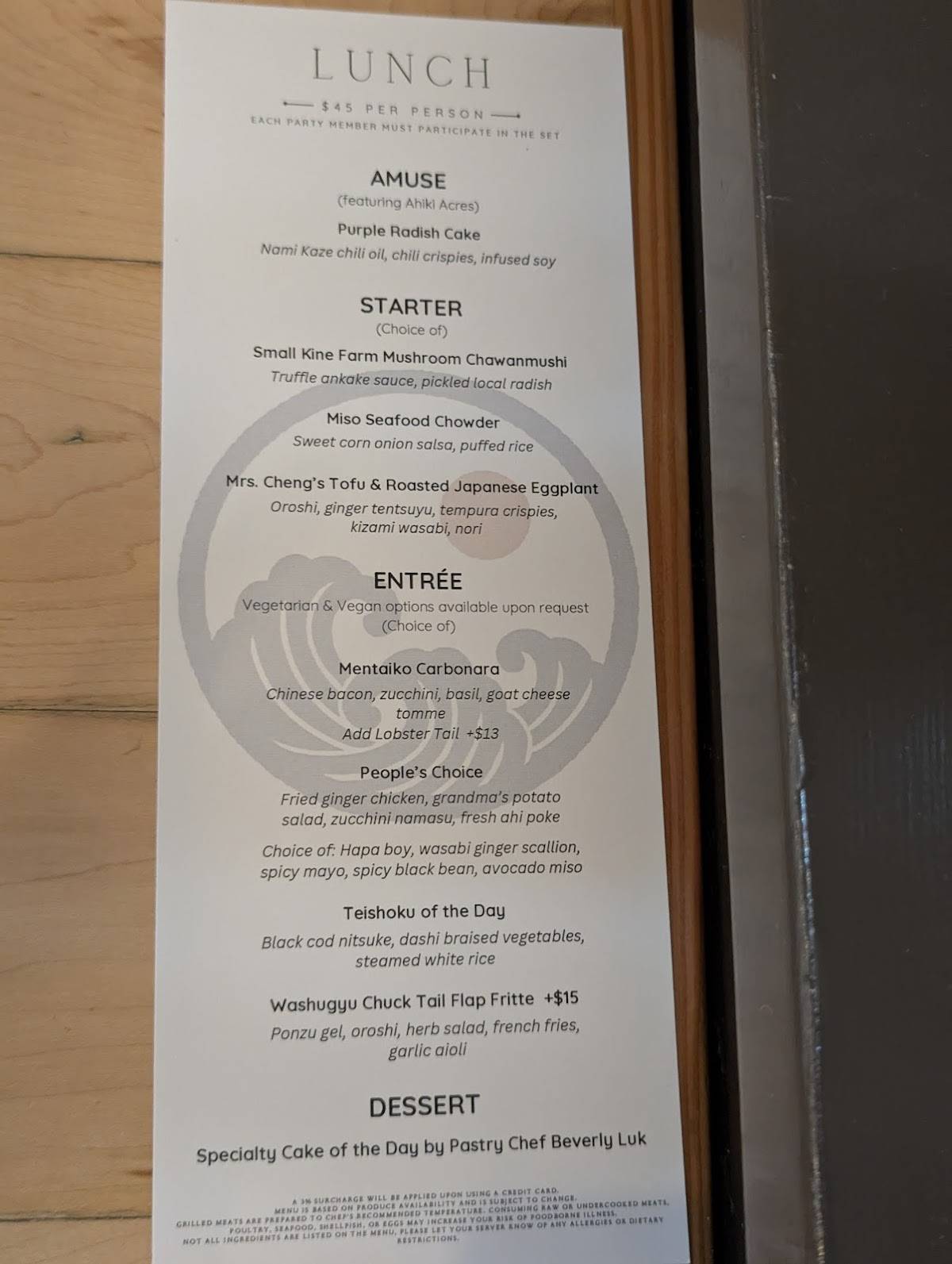 Menu at Nami Kaze Hawaii restaurant, Honolulu