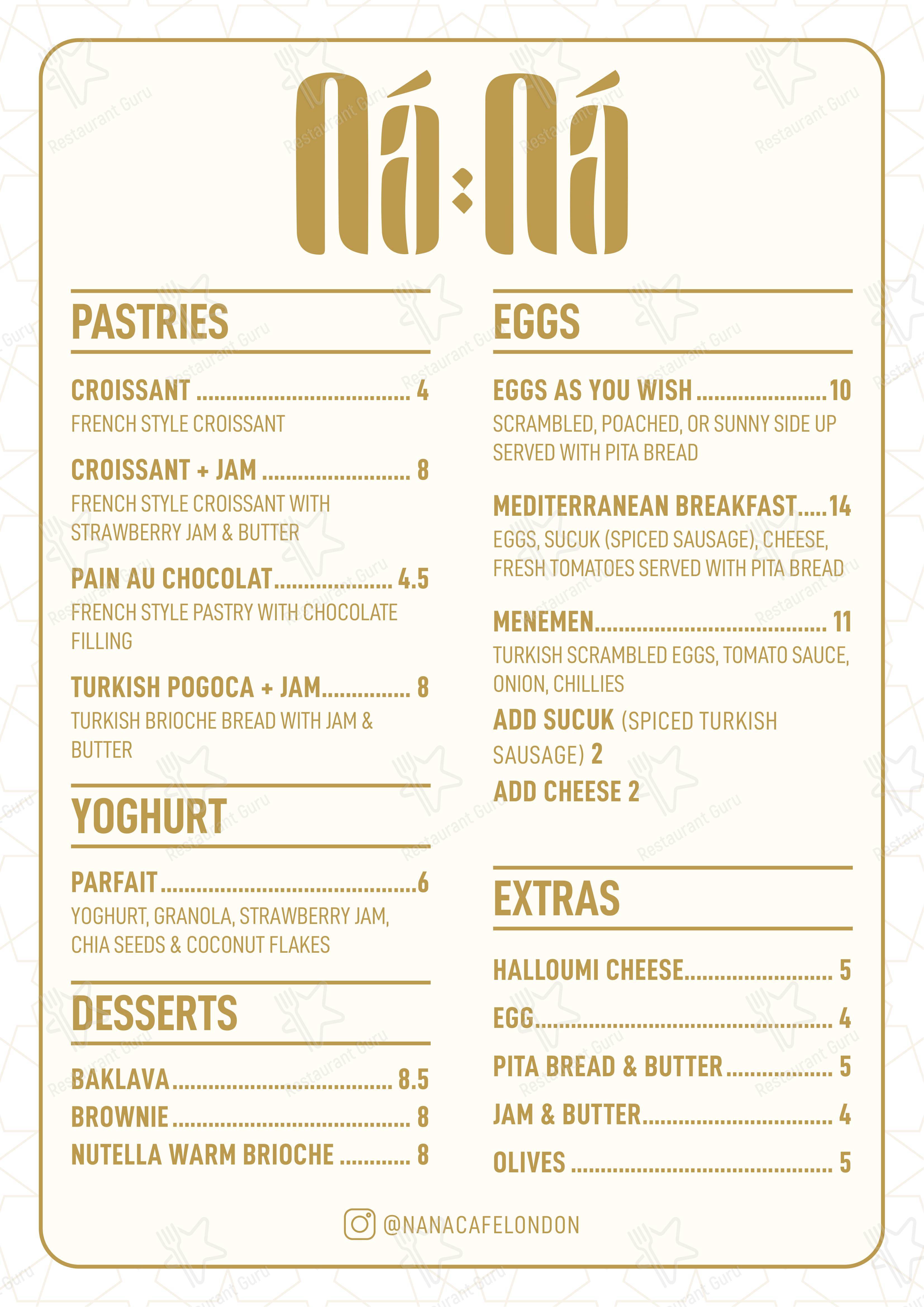 Carta de Nana Cafe, Londres