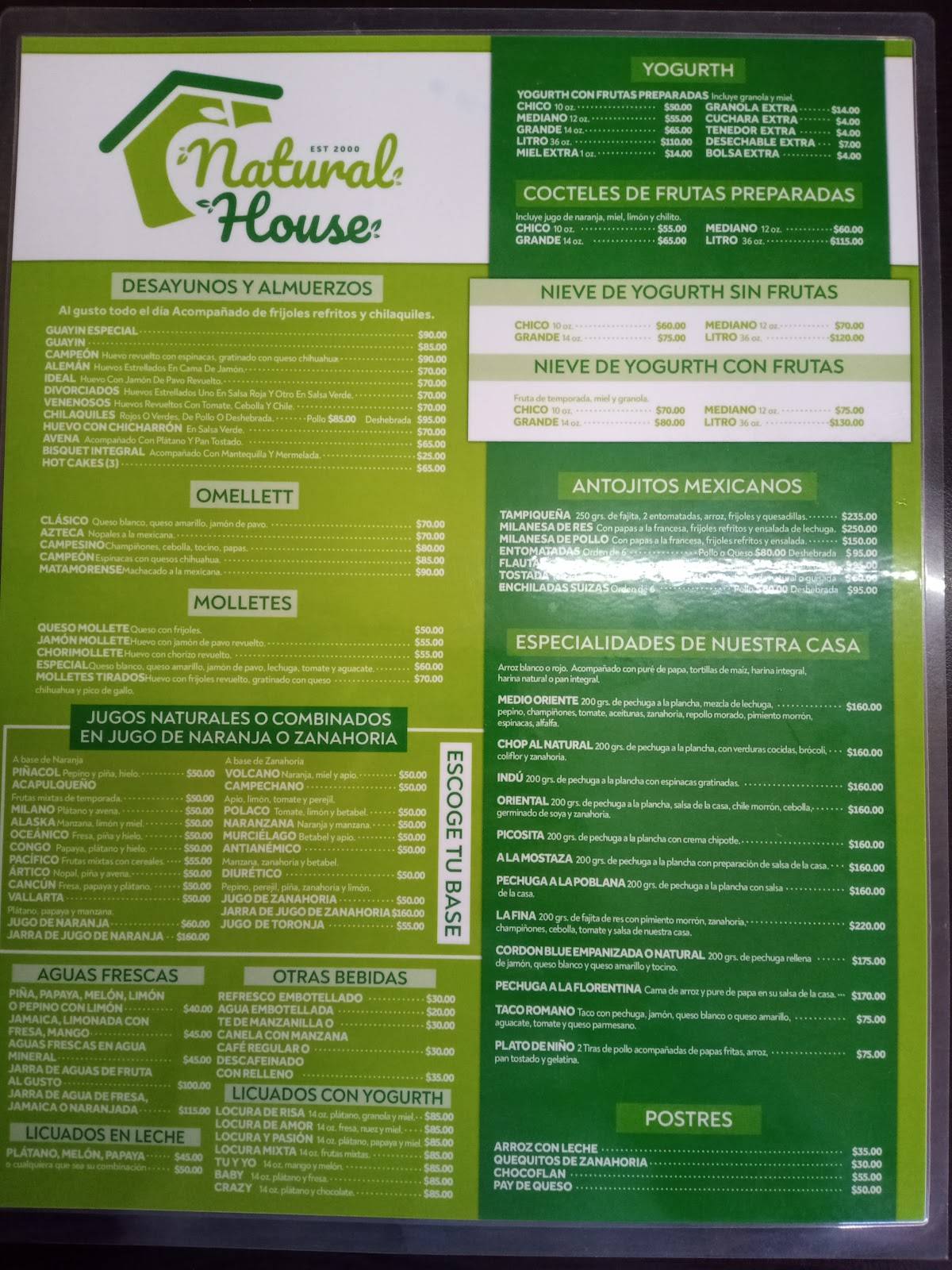 Carta del restaurante Natural House, Matamoros, Dieciocho 1102