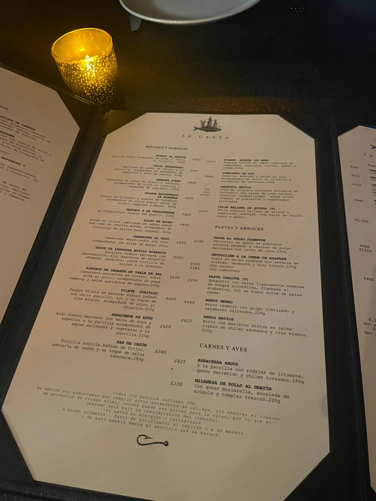 Menu at Navíos restaurant, Cancún