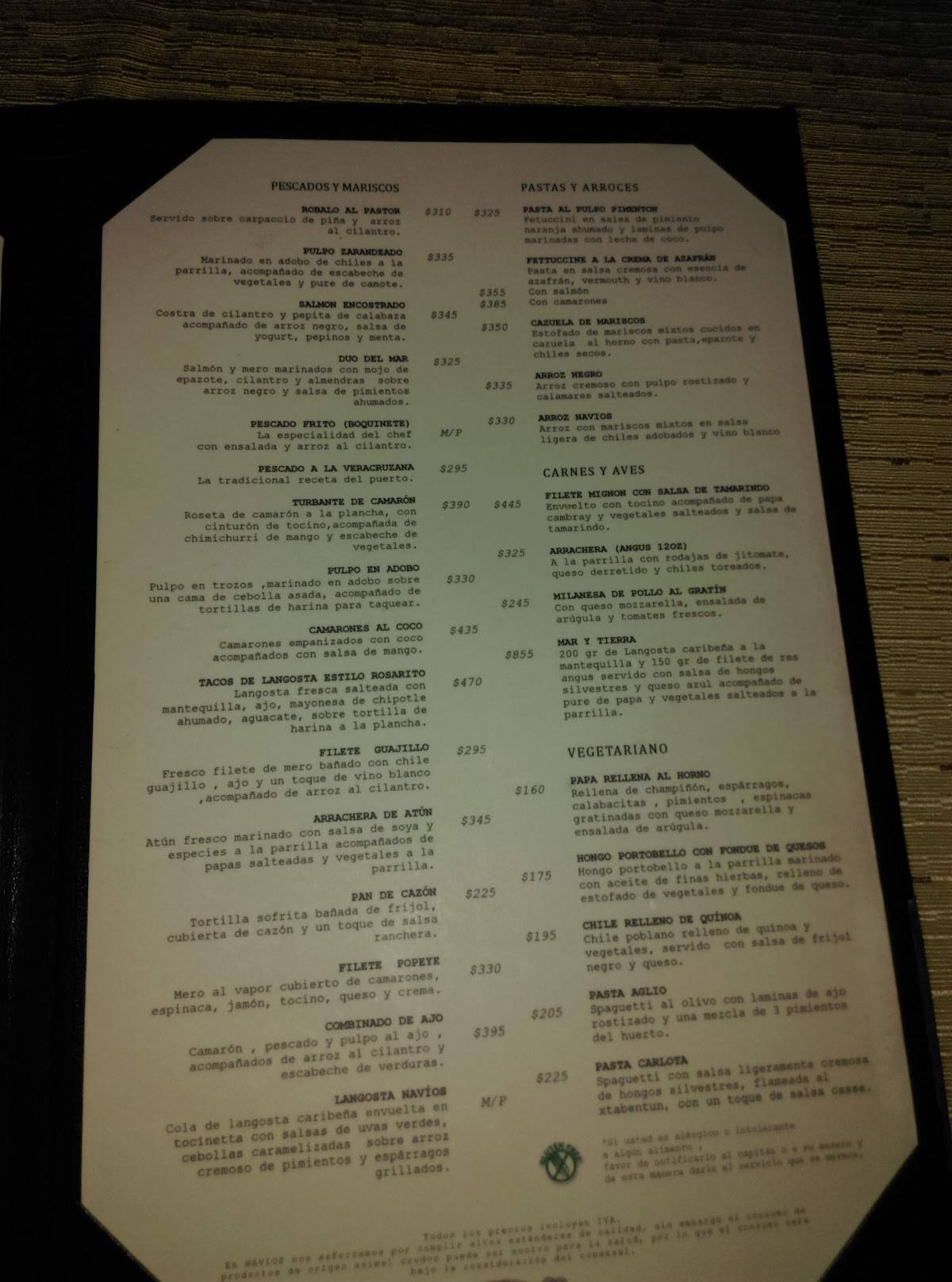 Menu at Navíos restaurant, Cancún