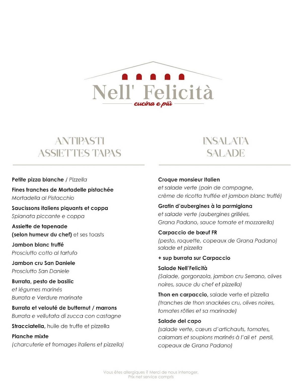 Menu au Nell'Felicità restaurant, Brignais