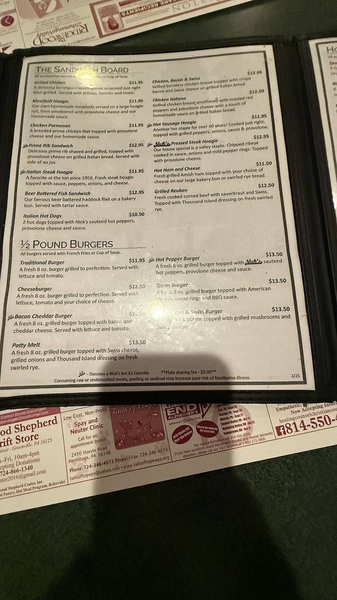 Menu at Nick's Inn 62 Restaurant and Tavern, Hermitage