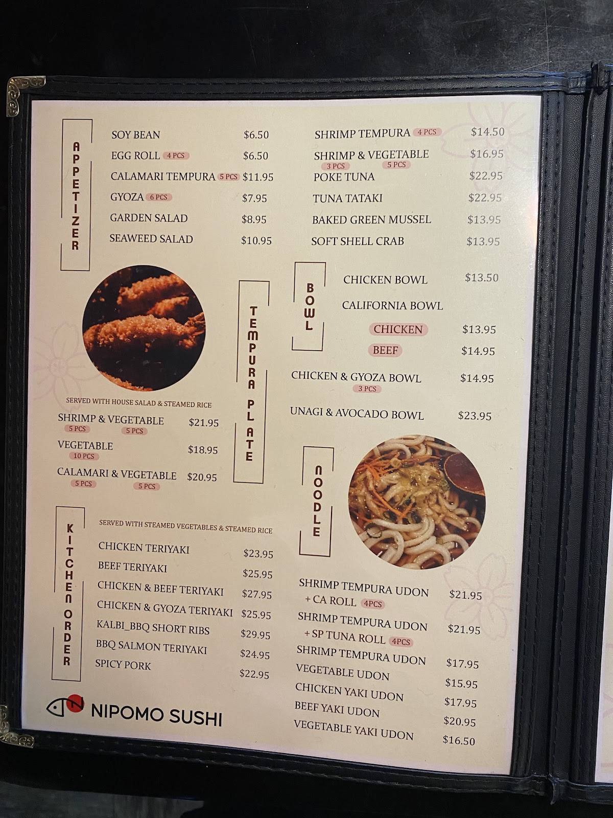 Menu at Nipomo Sushi restaurant, Nipomo