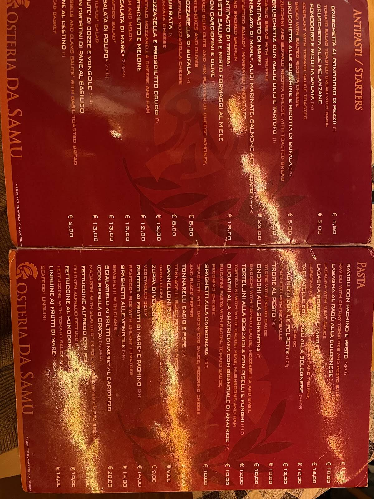 Menu at OSTERIA DA SAMU restaurant, Rome