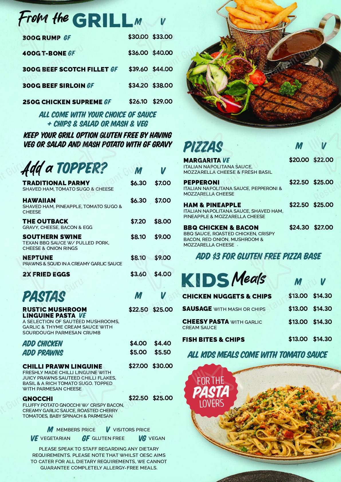 Menu at Orange Ex-Services' Club, Orange