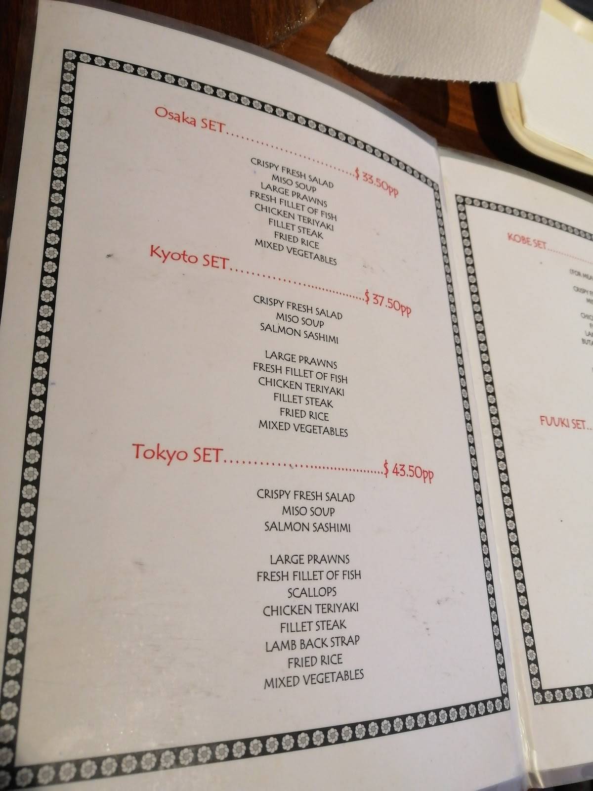 Menu at Osaka Japanese Teppanyaki Restaurant, St Leonards