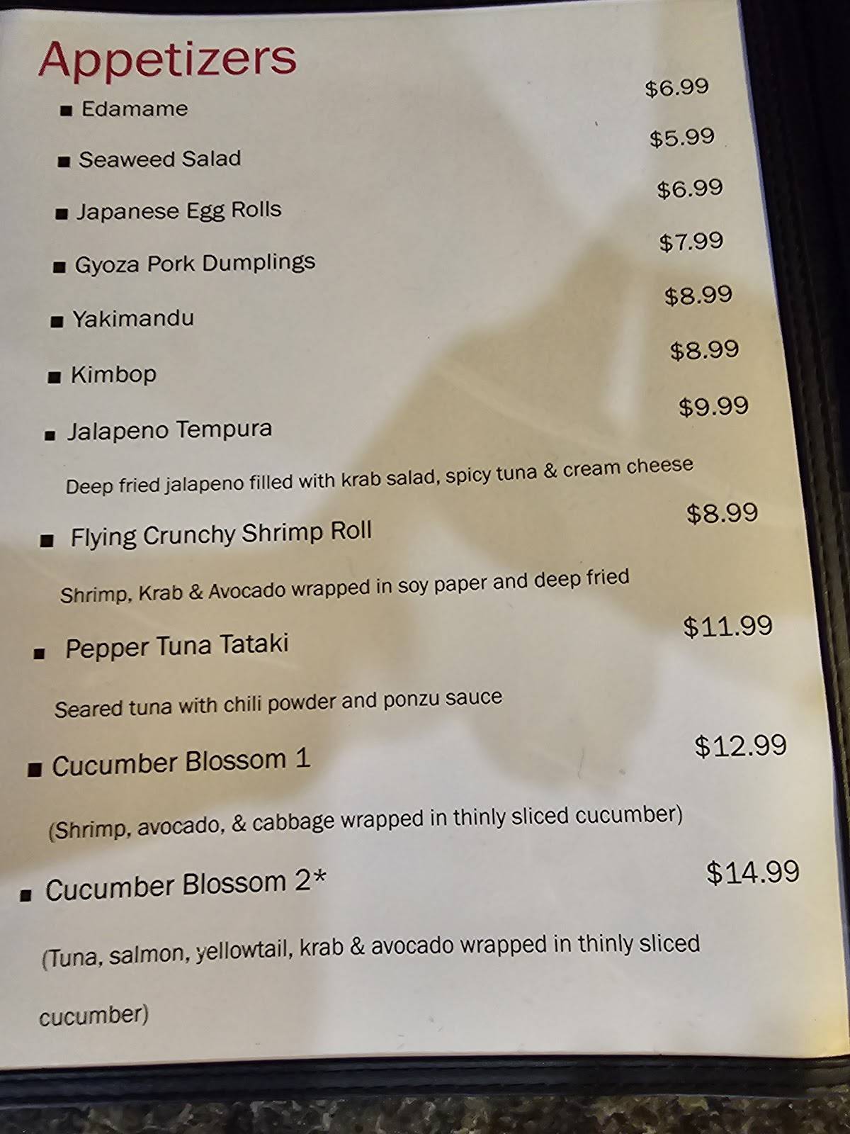 Menu at Osan's Korean restaurant and Japanese Sushi, Fort Walton Beach