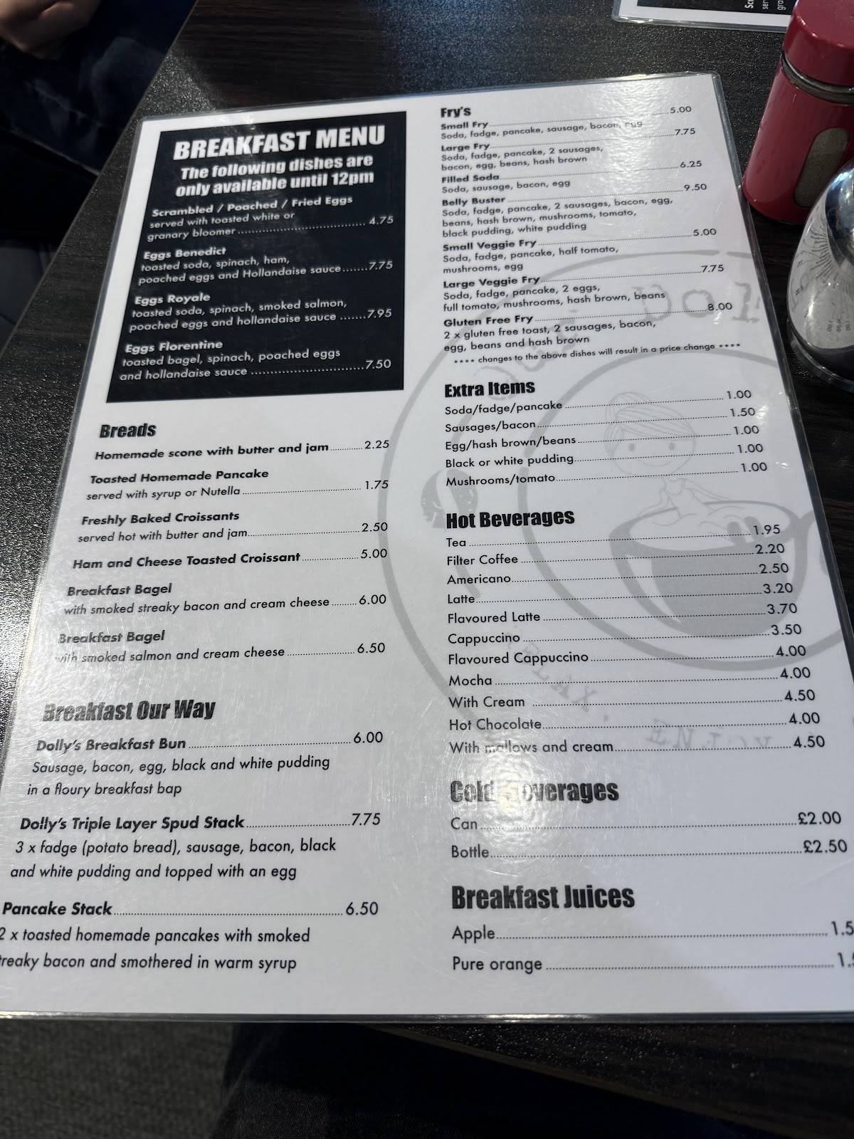 Menu at Our Dolly's cafe, Ballycastle