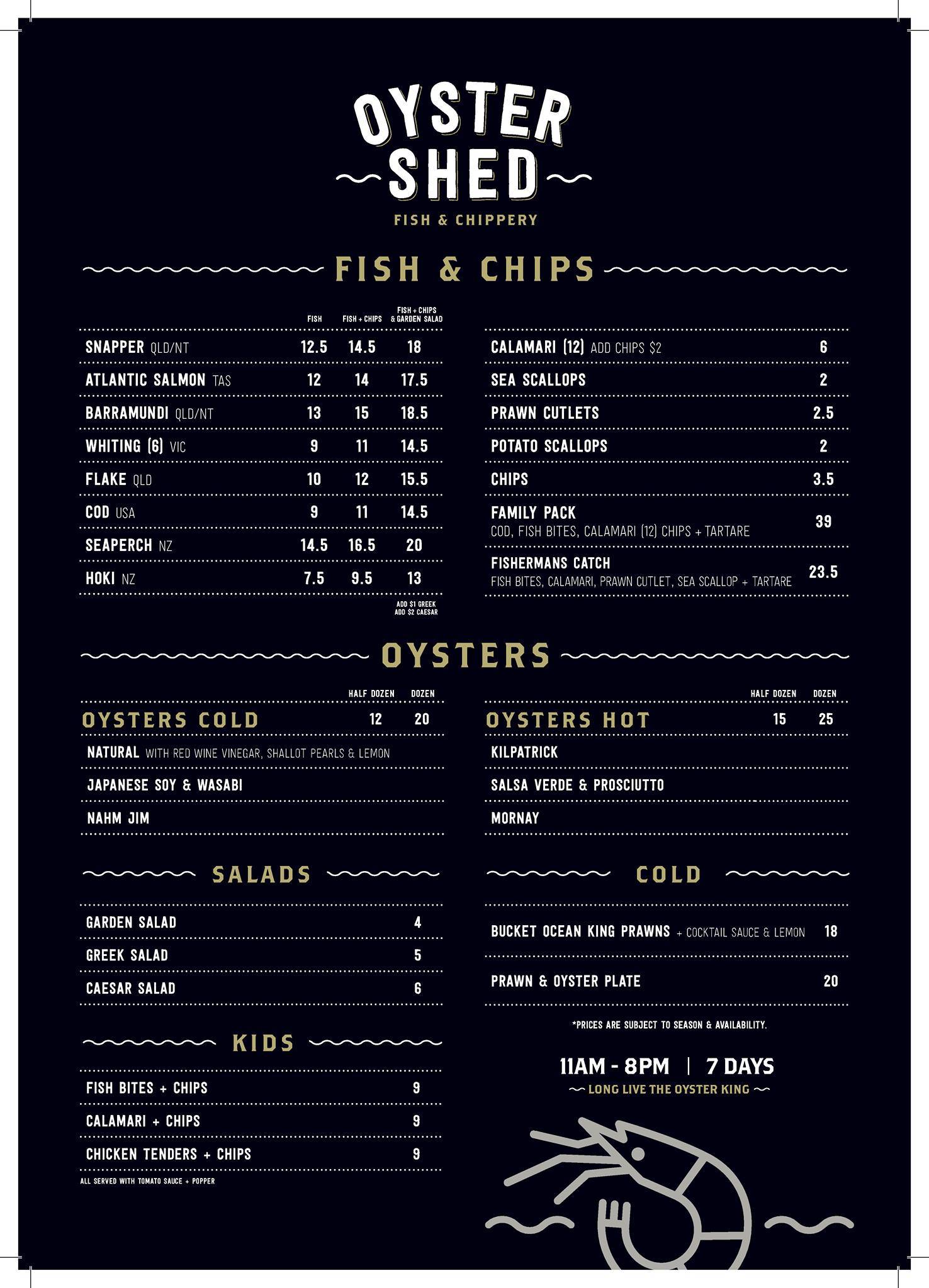 Menu at Oyster Shed Beach Club, Bellara