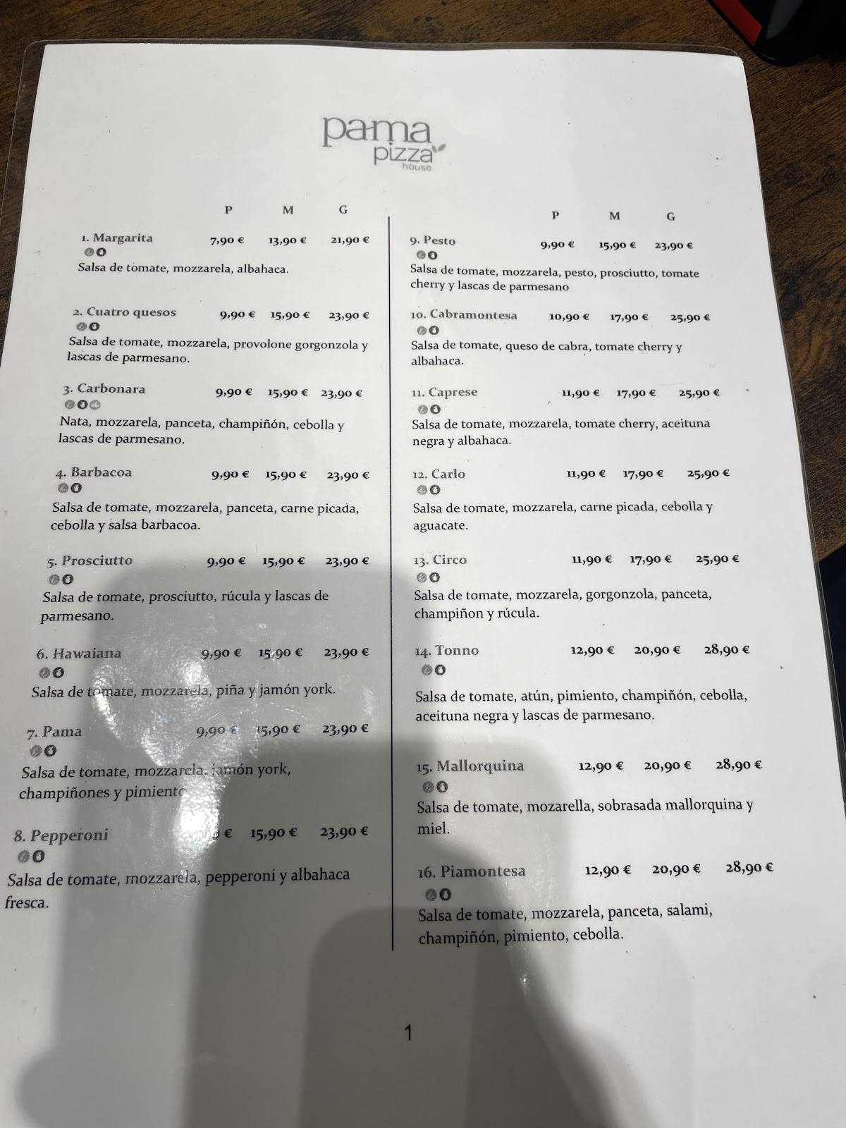 Carta del restaurante PAMA PIZZA HOUSE, Madrid
