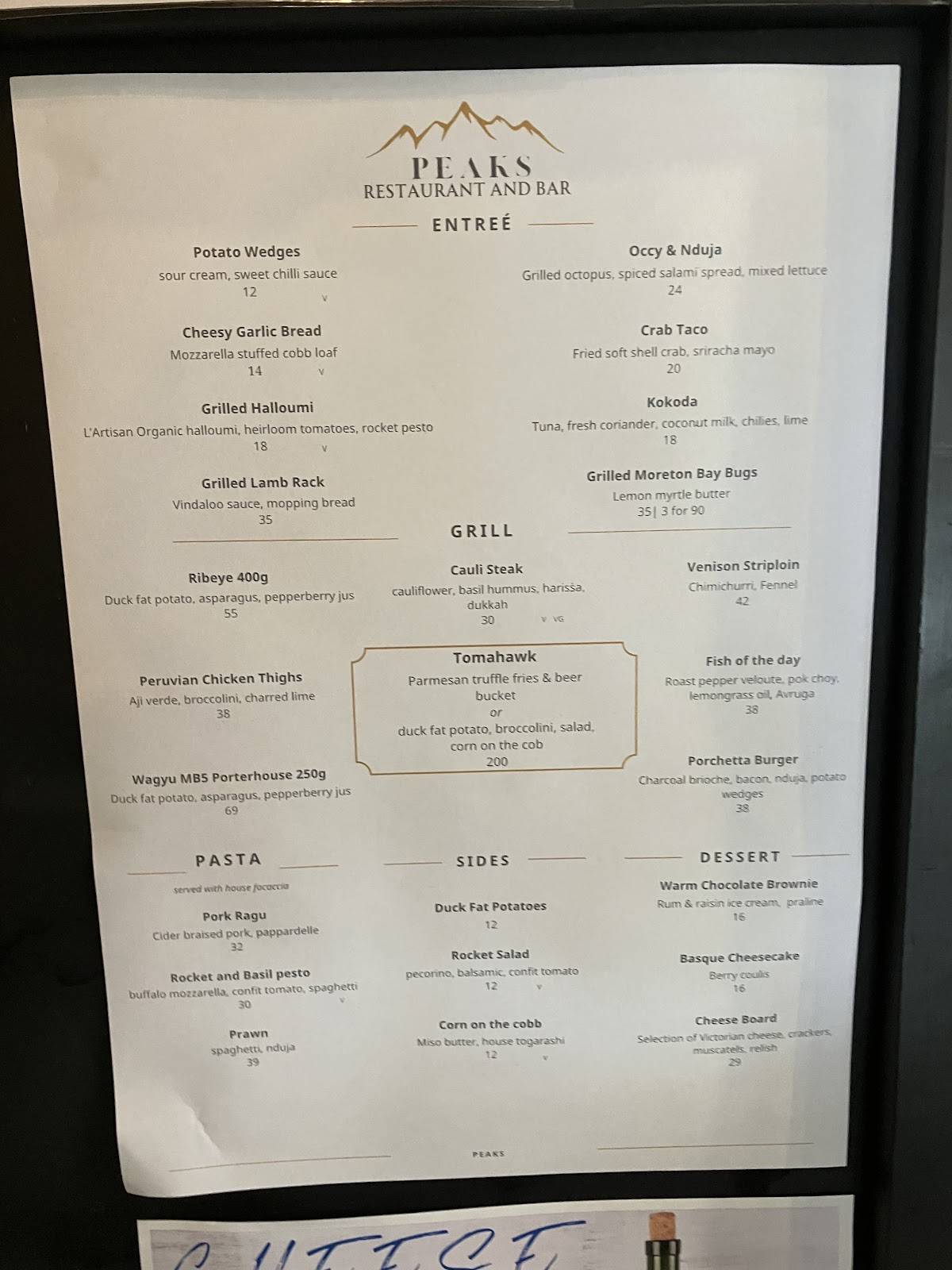 Menu at PEAKS restaurant, Merrijig, 1 Mimosa Dr
