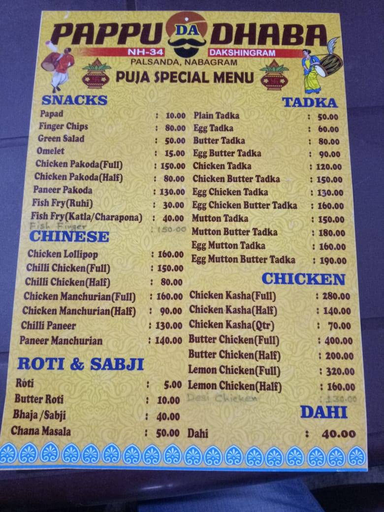 Menu at Pappu Da Dhaba, India, Dakshingram Palsanda