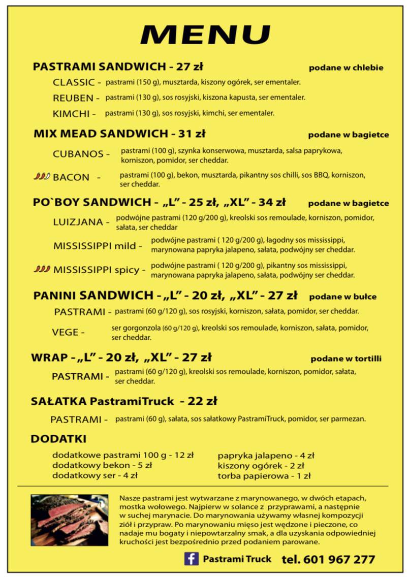Menu at Pastrami Truck restaurant, Zielona Gora