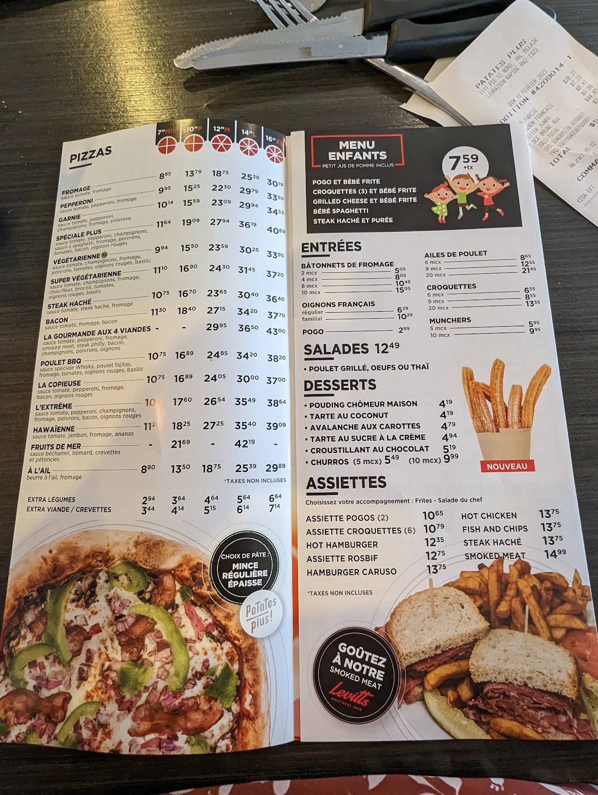 Menu au Restaurant Patates Plus, Québec