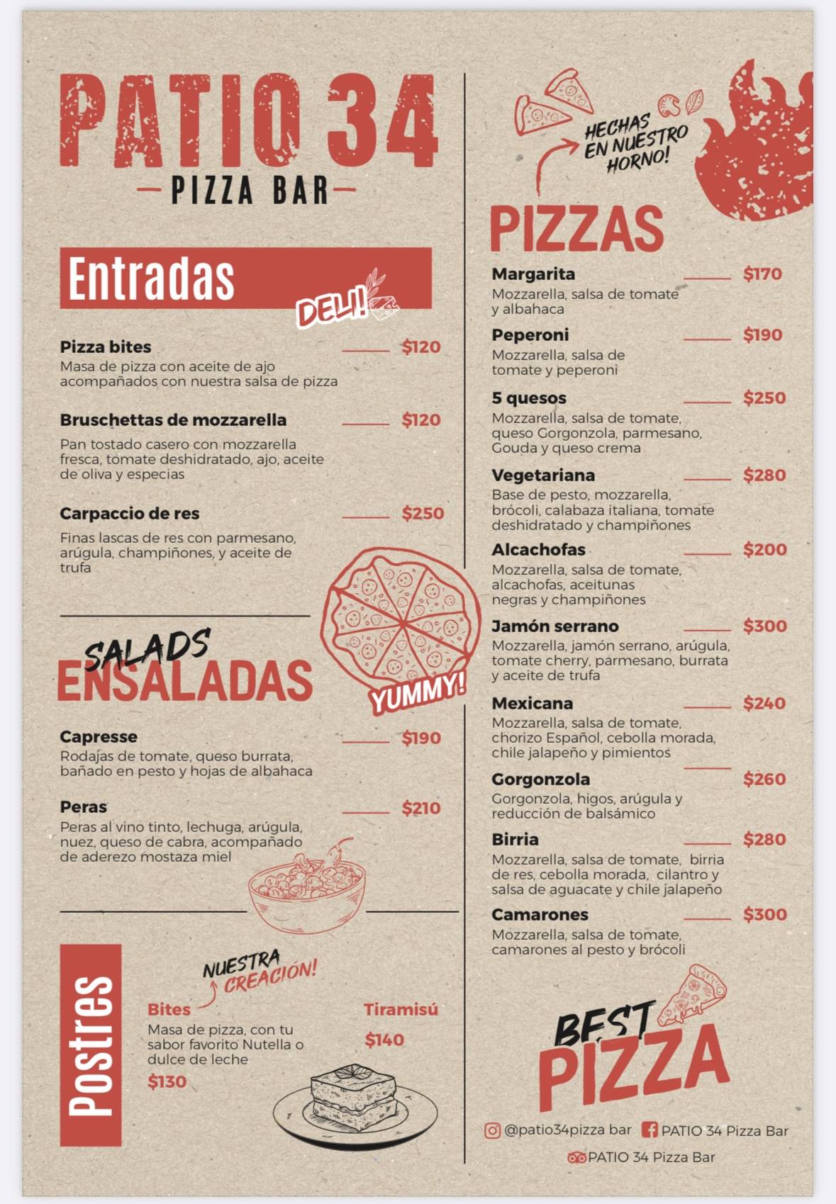 Menu at Patio 34 Pizza Bar, Playa del Carmen
