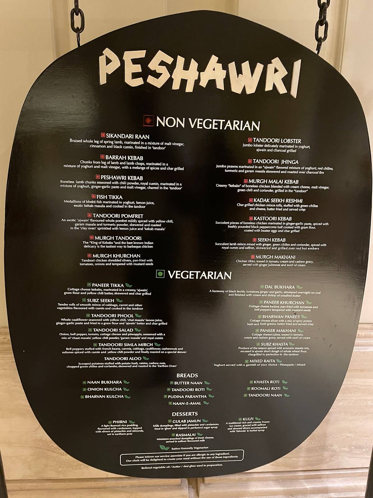 Menu at Peshawri, Chennai, ITC Grand Chola Hotel