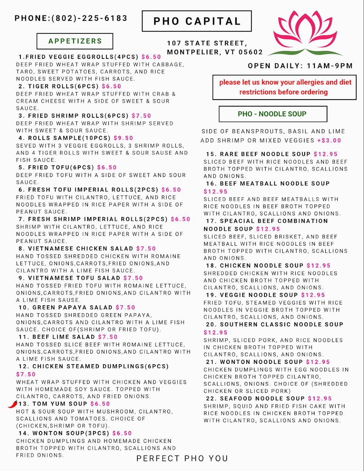 Menu at Pho Capital restaurant, Montpelier