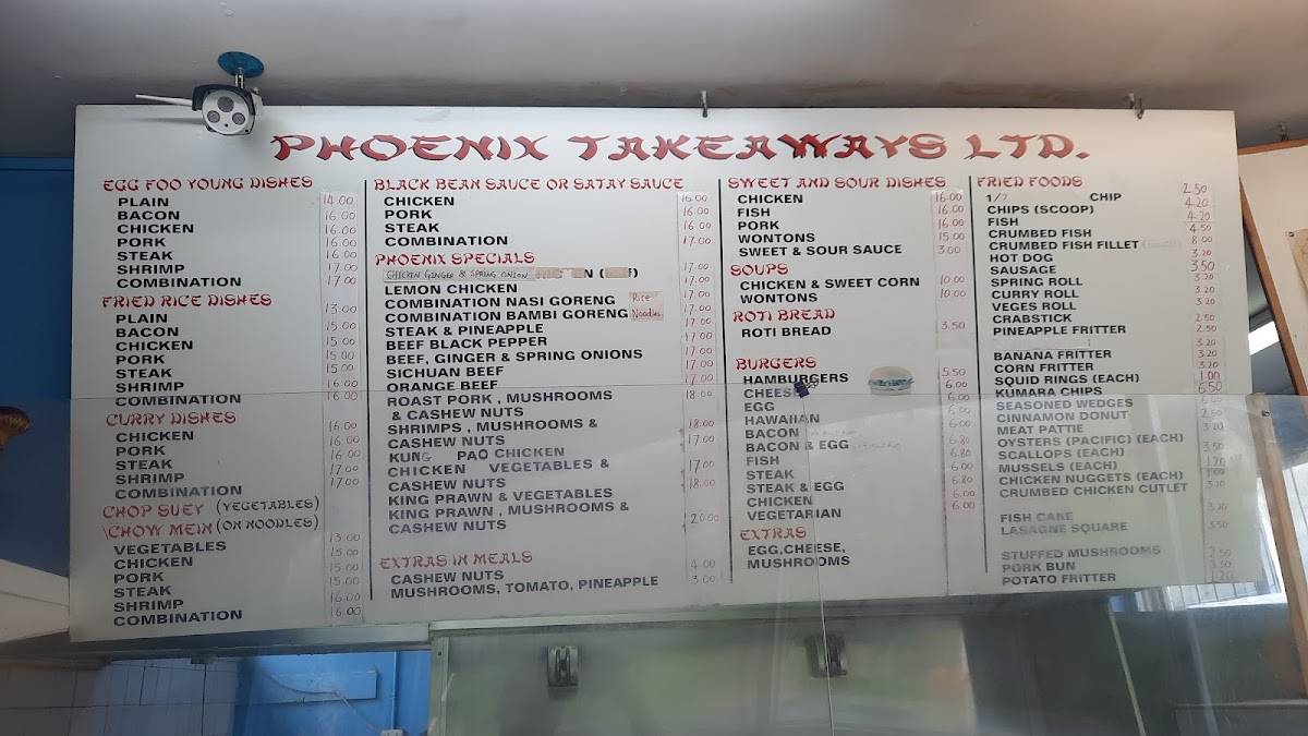 Menu at Phoenix Takeaways restaurant, Wellington