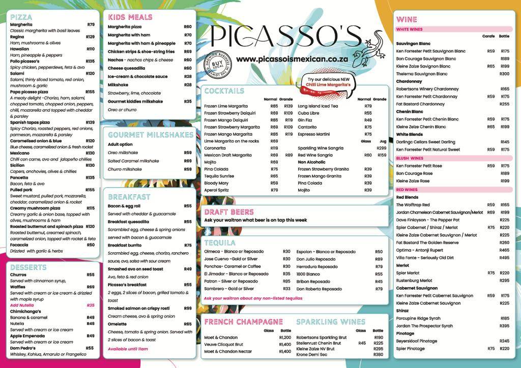 Menu at Picasso's Mexican Taqueria restaurant, White River
