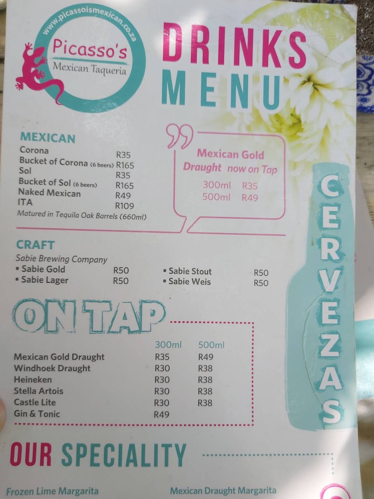 Menu at Picasso's Mexican Taqueria restaurant, White River