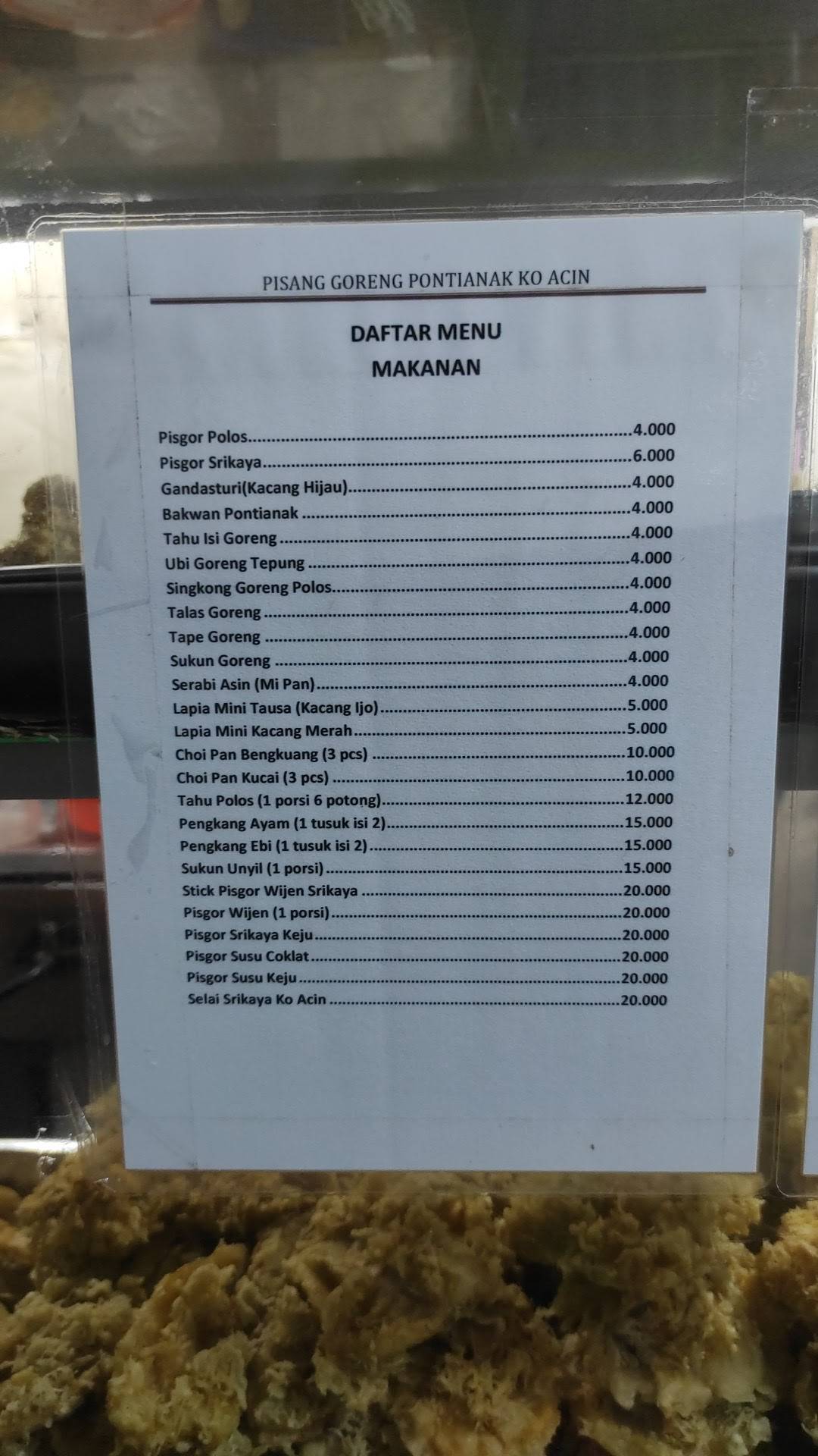 Menu at Pisang Goreng Pontianak Ko Acin restaurant, West Jakarta