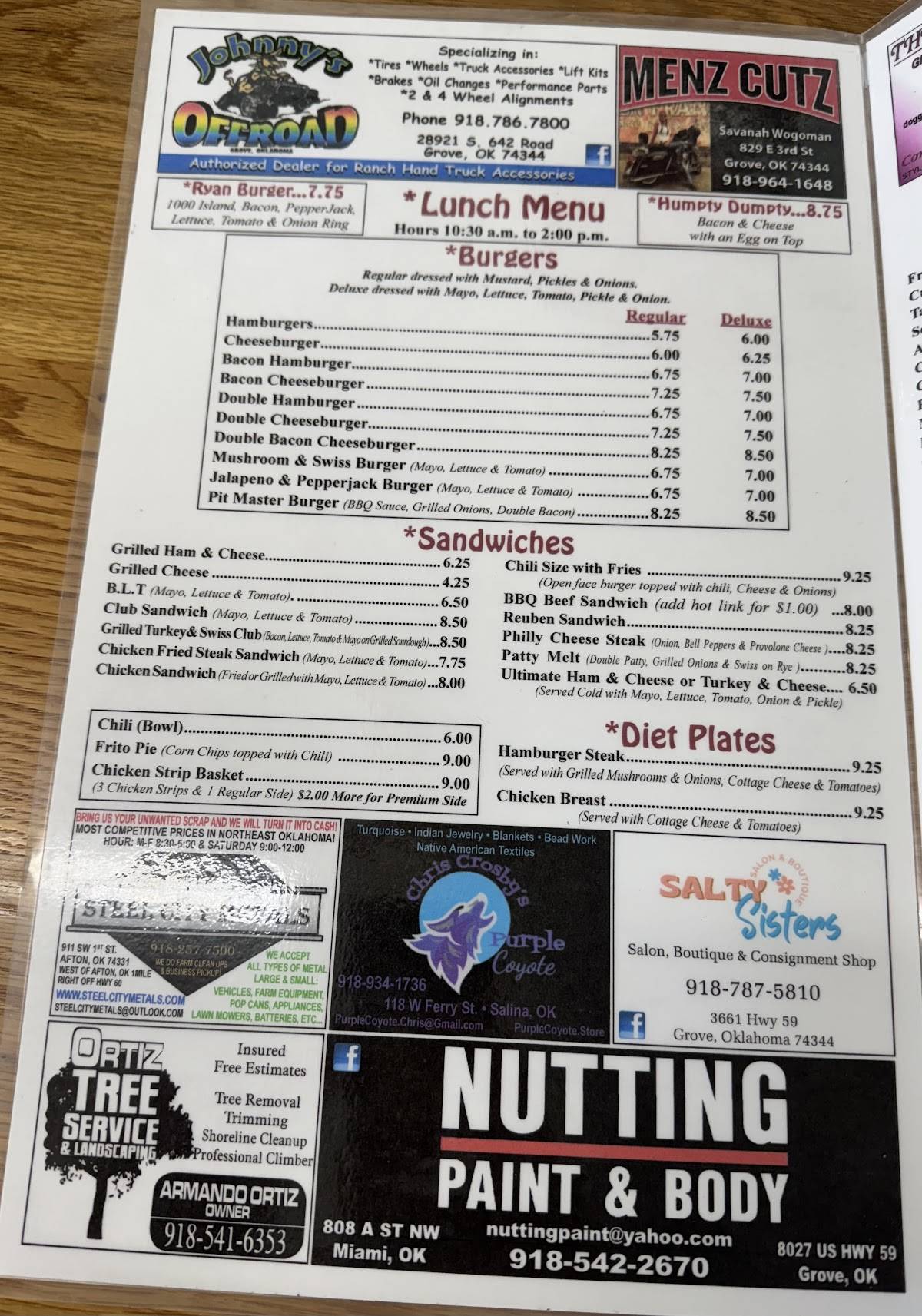 Menu at Pit Stop Cafe, Grove