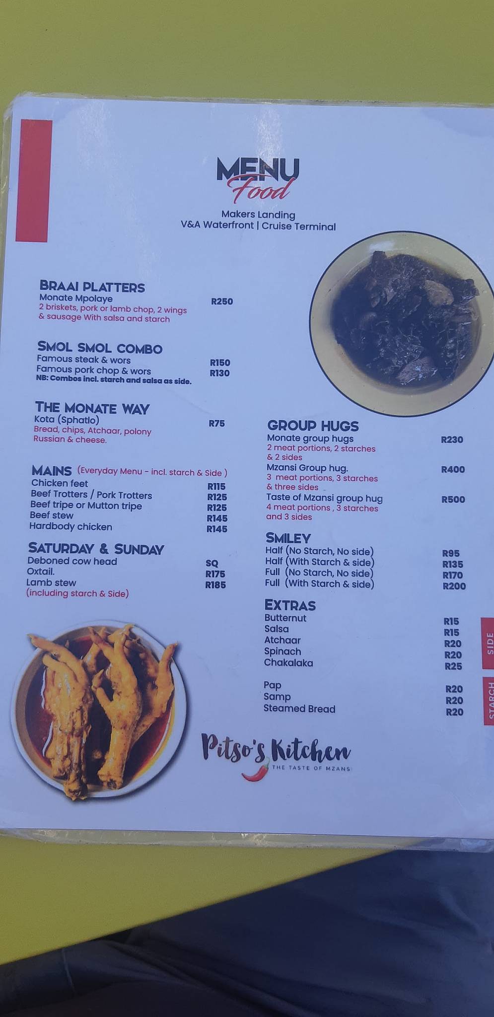 Menu at Pitso's Kitchen Waterfront restaurant, Cape Town