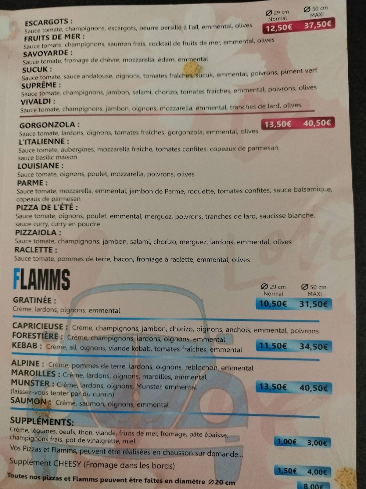 Menu au Pizzaïola restaurant, Creutzwald