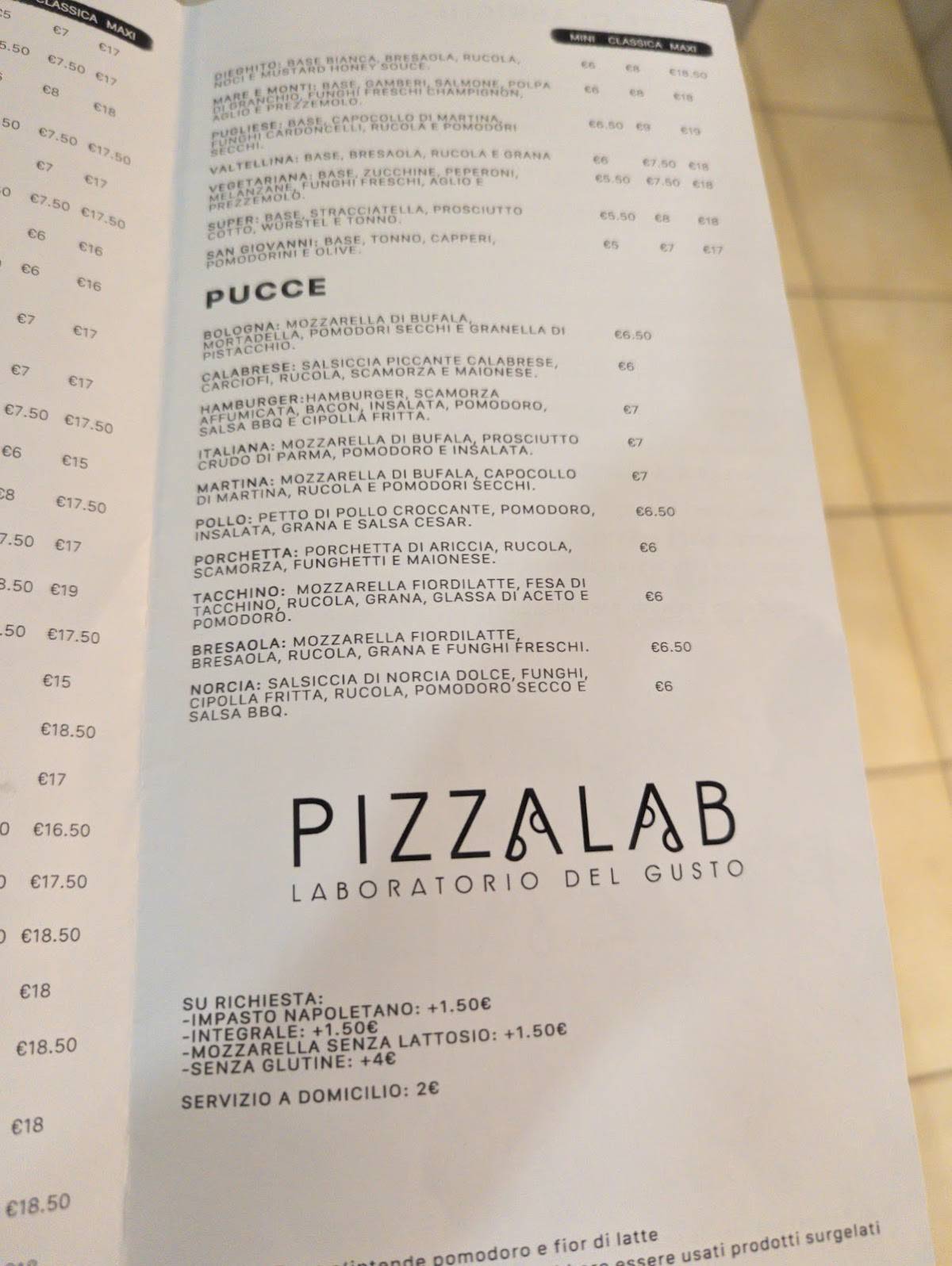 Menu da Pizzalab Cassano ristorante, Cassano delle Murge