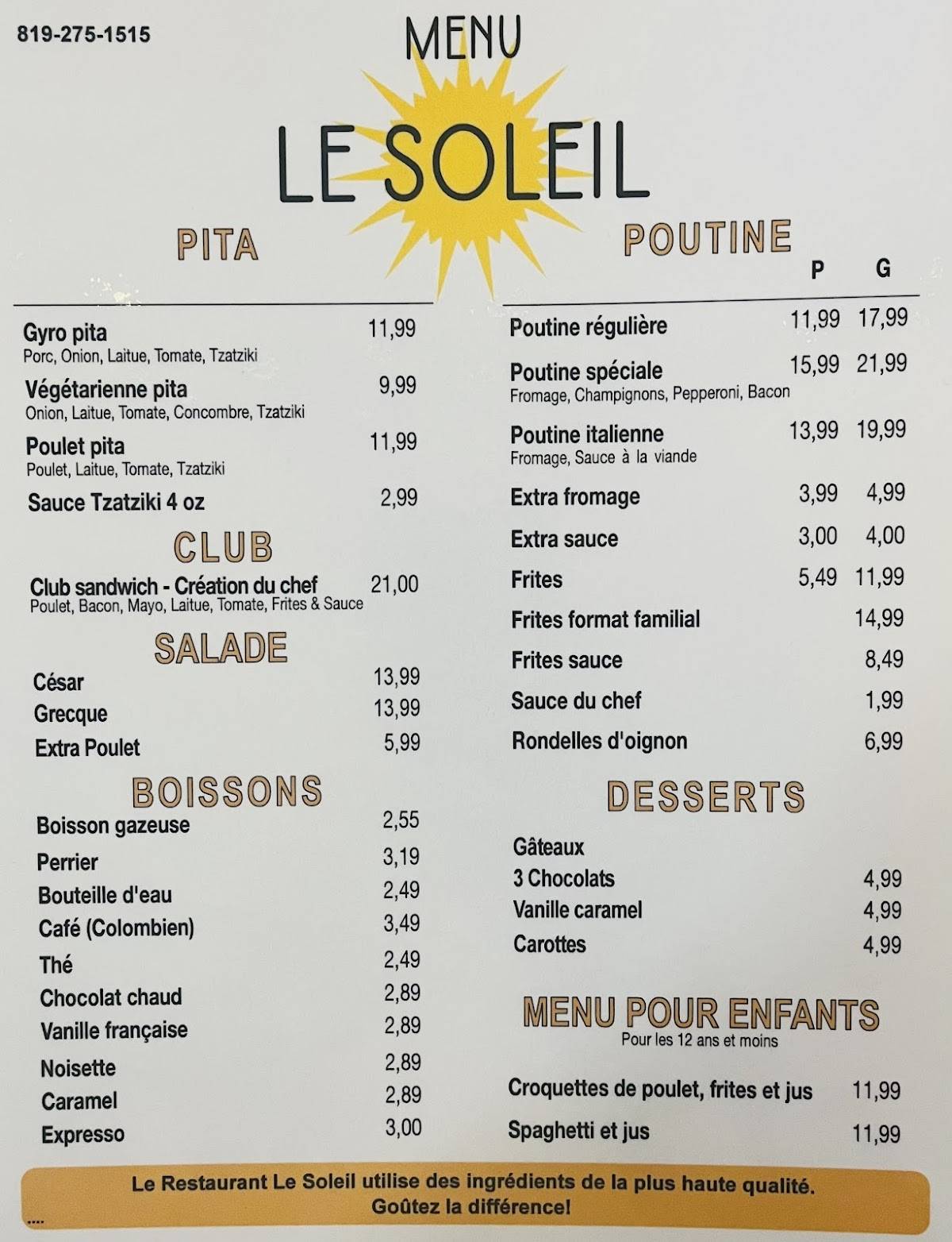 Menu at Restaurant Pizzeria Le Soleil de l'Annonciation, Rivière-Rouge