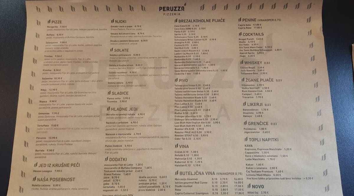 Menu at Pizzeria Peruzza, Ljubljana